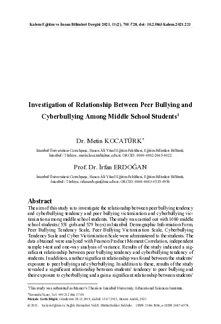 (PDF) Investigation of Relationship Between Peer Bullying and Cyberbullying Among Middle School ...