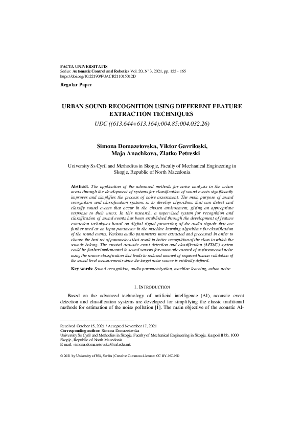 (PDF) Urban Sound Recognition Using Different Feature Extraction Techniques