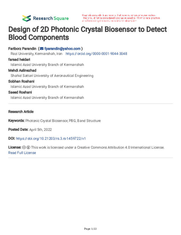 (PDF) Design of 2D Photonic Crystal Biosensor to Detect Blood Components