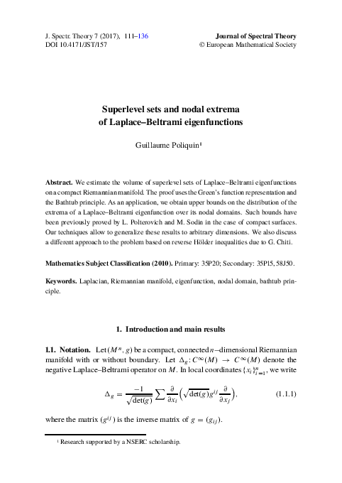 (PDF) Superlevel sets and nodal extrema of Laplace–Beltrami eigenfunctions