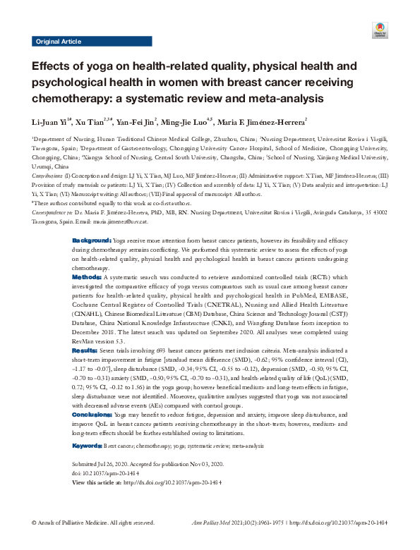 (PDF) Effects of yoga on health-related quality, physical health and psychological health in ...
