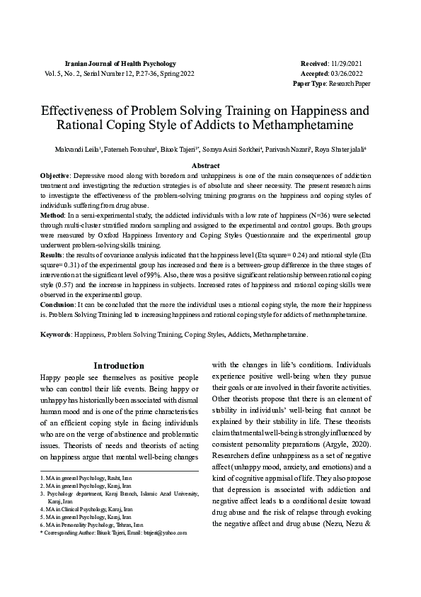 (PDF) Effectiveness of Problem Solving Training on Happiness and Rational Coping Style of ...