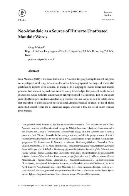 (PDF) Neo-Mandaic as a Source of Hitherto Unattested Mandaic Words