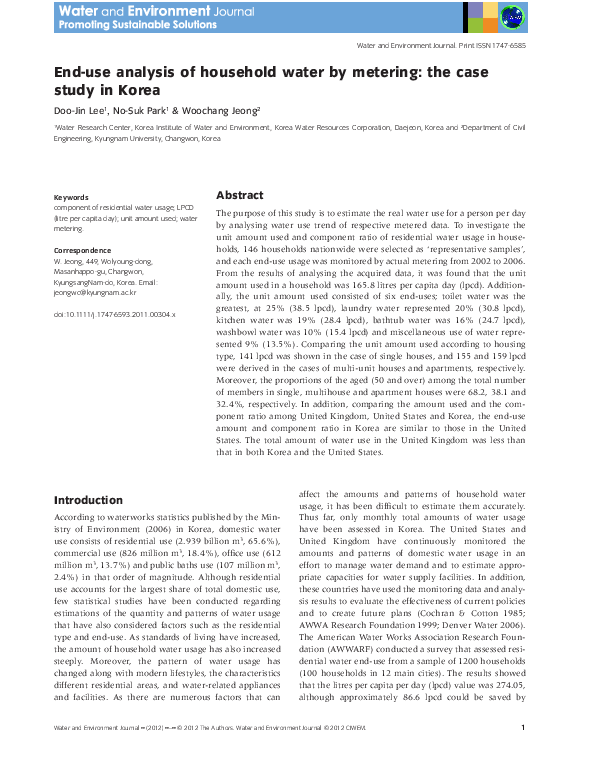 (PDF) End-use analysis of household water by metering: the case study in Korea | Woochang Jeong ...