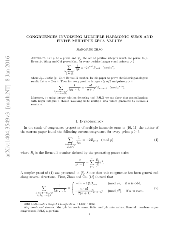 (PDF) J an 2 01 6 CONGRUENCES INVOLVING MULTIPLE HARMONIC SUMS AND FINITE MULTIPLE ZETA VALUES