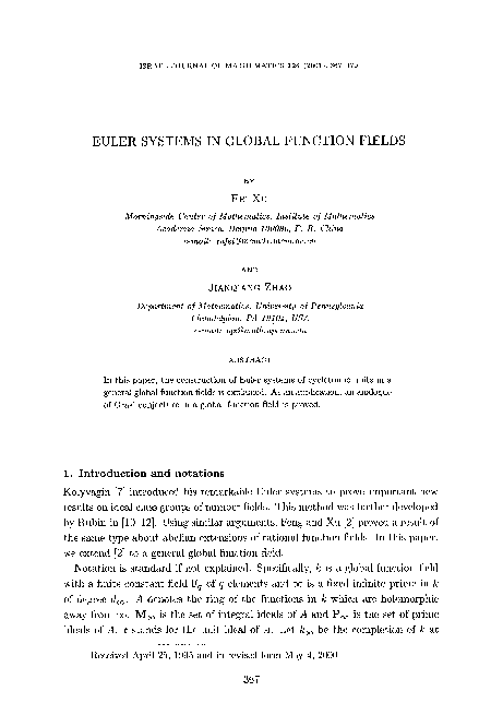 (PDF) Euler systems in global function fields