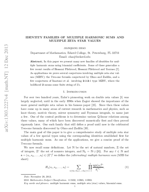 (PDF) A Family of Multiple Harmonic Sum and Multiple Zeta Star Value Identities | Jianqiang Zhao ...