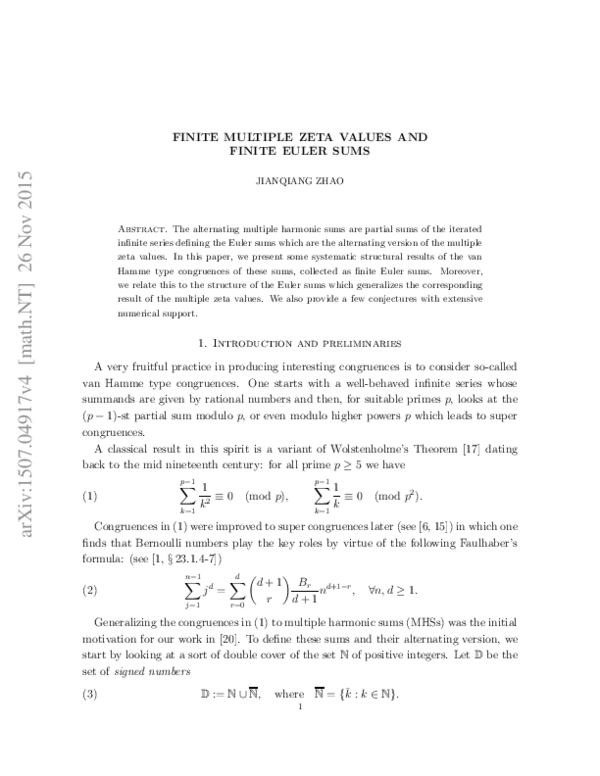 Pdf Finite Multiple Zeta Values And Finite Euler Sums