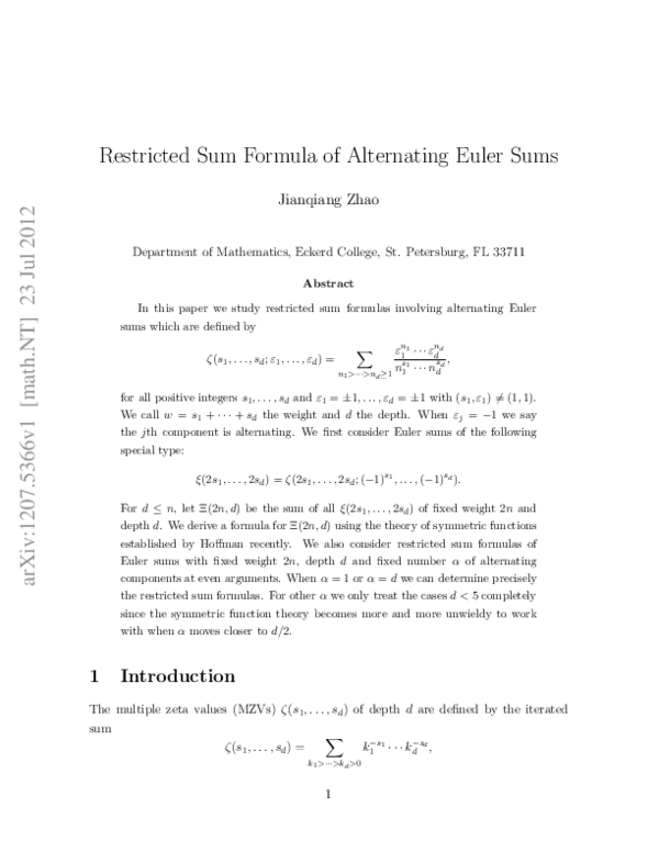 (PDF) Restricted sum formula of alternating Euler sums | Jianqiang Zhao - Academia.edu