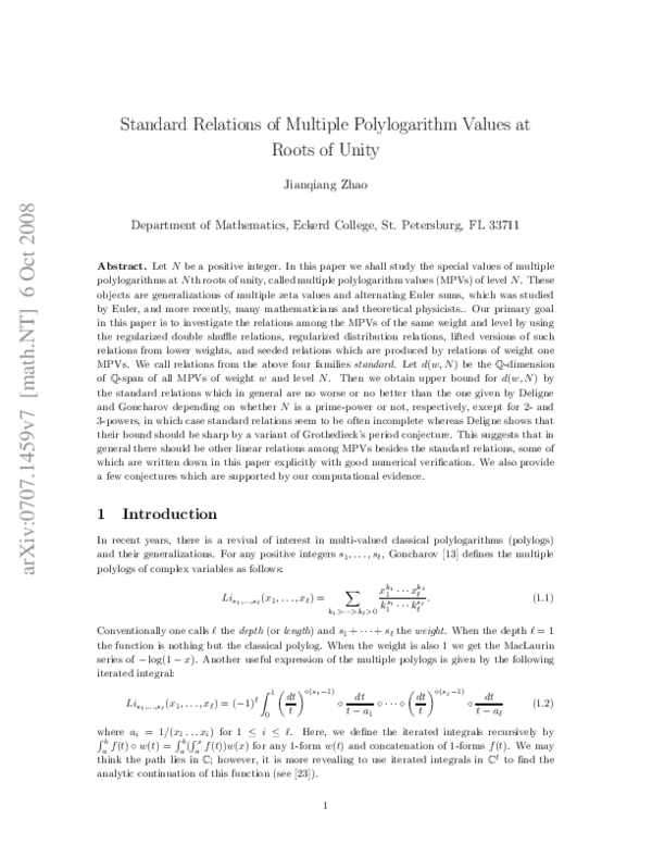 (PDF) Standard Relations of Multiple Polylogarithm Values at Roots of Unity