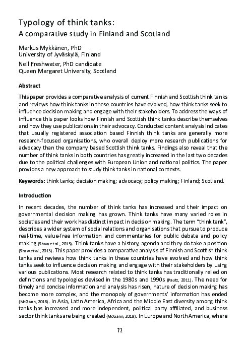 (PDF) Typology of think tanks: A comparative study in Finland and Scotland