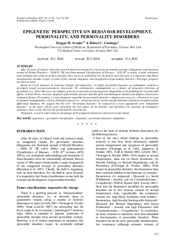 (PDF) Epigenetic perspective on behavior development, personality, and personality disorders