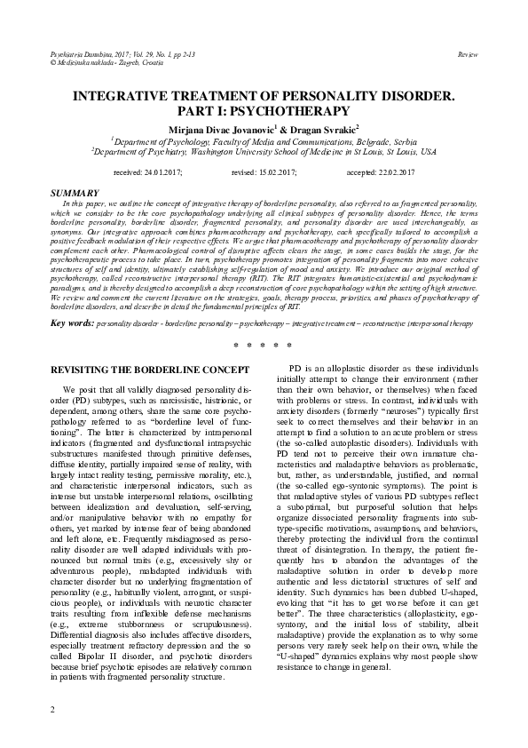 (PDF) Integrative Treatment of Personality Disorder. Part I: Psychotherapy