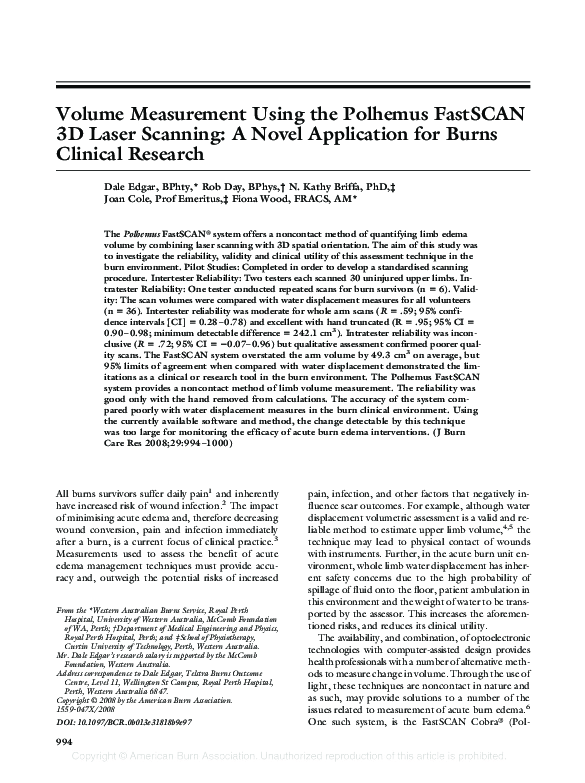 (PDF) Volume Measurement Using the Polhemus FastSCAN 3D Laser Scanning: A Novel Application for ...