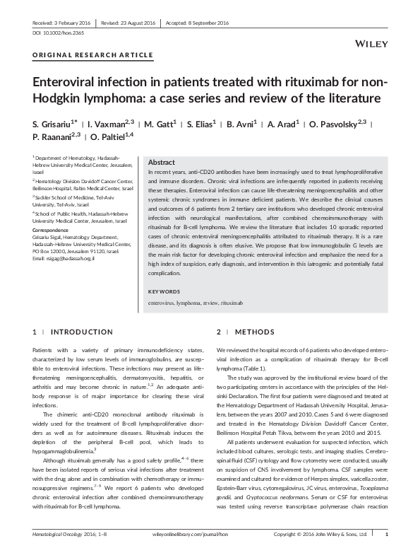 (PDF) Enteroviral Infection in Patients Treated with Rituximab for Non ...