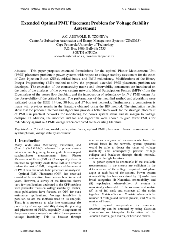 (PDF) Extended Optimal PMU Placement Problem for Voltage Stability Assessment