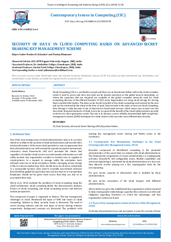 (PDF) Security of Data` in Cloud Computing Based on Advanced Secret Sharing Key Management Scheme