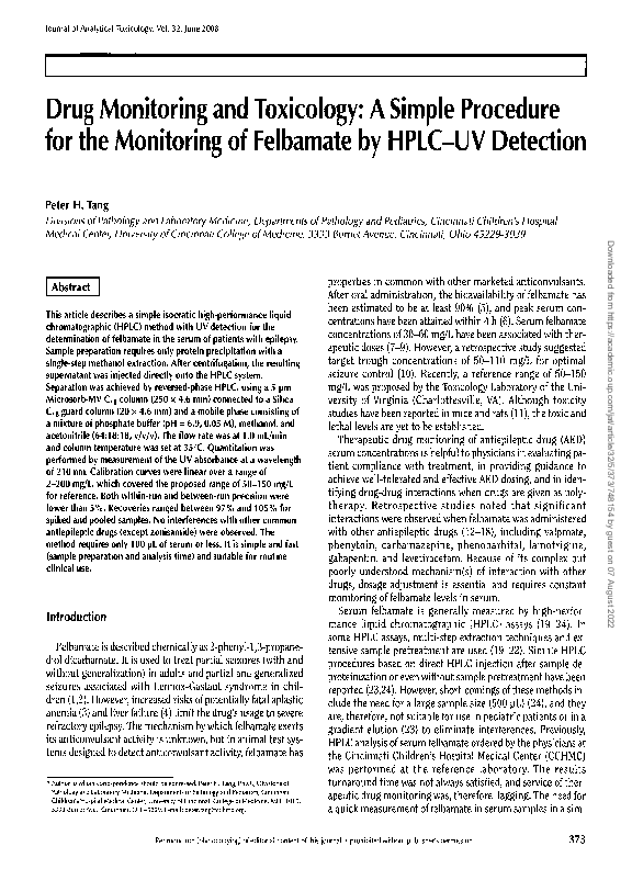 (PDF) Drug Monitoring and Toxicology: A Simple Procedure for the Monitoring of Felbamate by HPLC ...