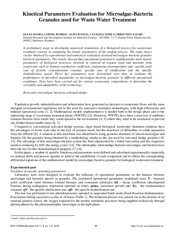(PDF) Kinetical Parameters Evaluation for Microalgae-Bacteria Granules used for Waste Water ...