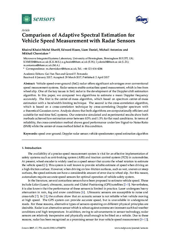 (PDF) Comparison of Adaptive Spectral Estimation for Vehicle Speed Measurement with Radar Sensors