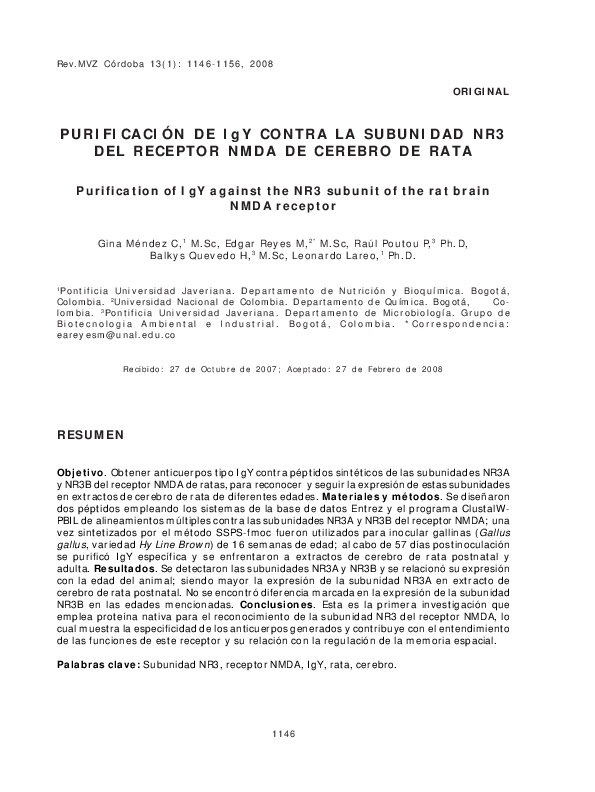 (PDF) Purificación de IgY contra la subunidad nr3 del receptor nmda de ...