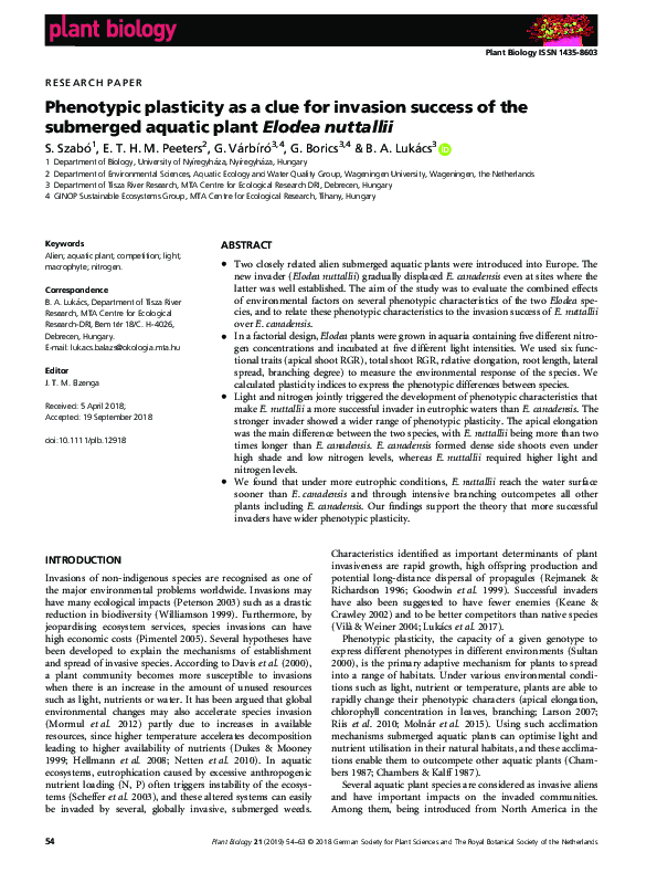 (PDF) Phenotypic plasticity as a clue for the invasion success of the submerged aquatic plant ...