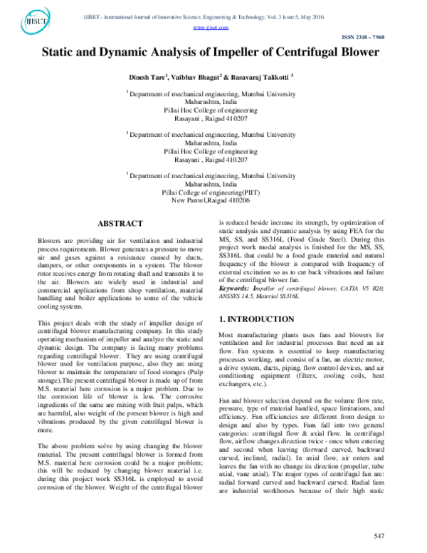 (PDF) Static and Dynamic Analysis of Impeller of Centrifugal Blower