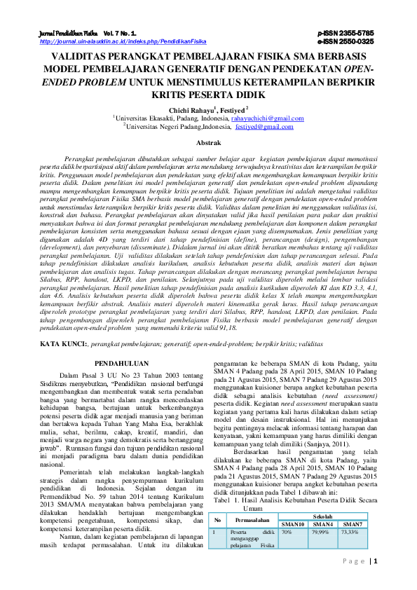 (PDF) Validitas Perangkat Pembelajaran Fisika Sma Berbasis Model Pembelajaran Generatif Dengan ...