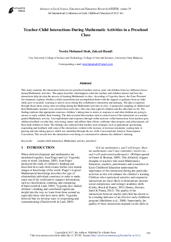 (PDF) Teacher-Child Interactions During Mathematic Activities in a Preschool Class