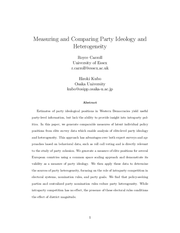 (PDF) Measuring and comparing party ideology and heterogeneity