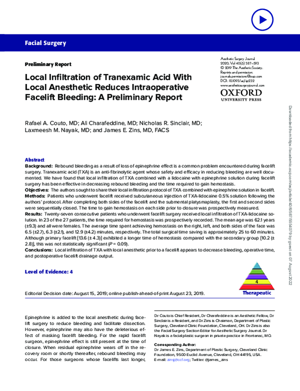 Pdf Local Infiltration Of Tranexamic Acid With Local Anesthetic