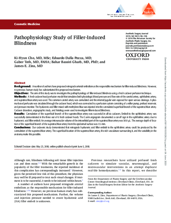 (PDF) Pathophysiology Study of Filler-Induced Blindness | James Zins ...