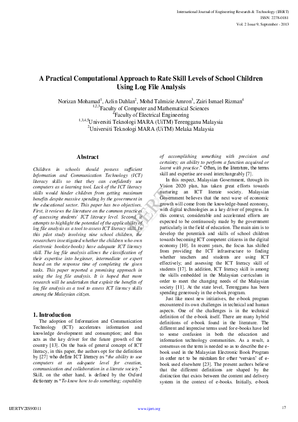 (PDF) A Practical Computational Approach to Rate Skill Levels of School Children Using Log File ...