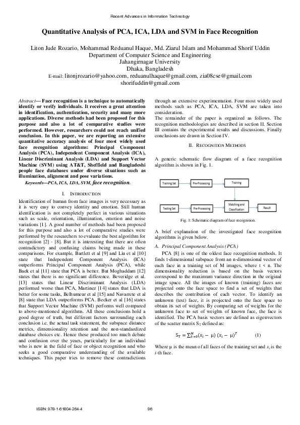Pdf Quantitative Analysis Of Pca Ica Lda And Svm In Face Recognition
