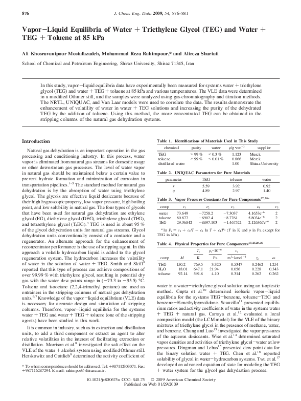 (PDF) Vapor−Liquid Equilibria of Water + Triethylene Glycol (TEG) and ...