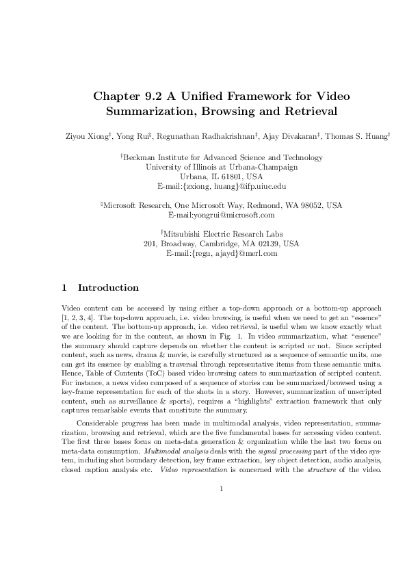 (PDF) A Unified Framework for Video Summarization, Browsing, and Retrieval