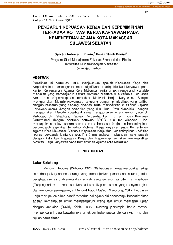 (PDF) Pengaruh Kepuasan Kerja Dan Kepemimpinan Terhadap Motivasi Kerja ...