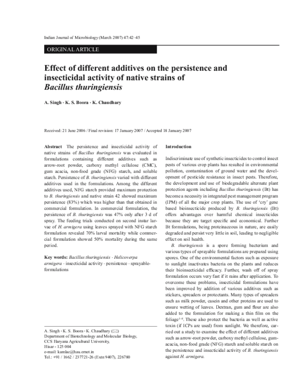 Pdf Effect Of Different Additives On The Persistence And Insecticidal