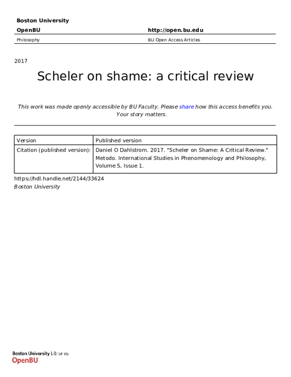(PDF) Scheler on shame: a critical review