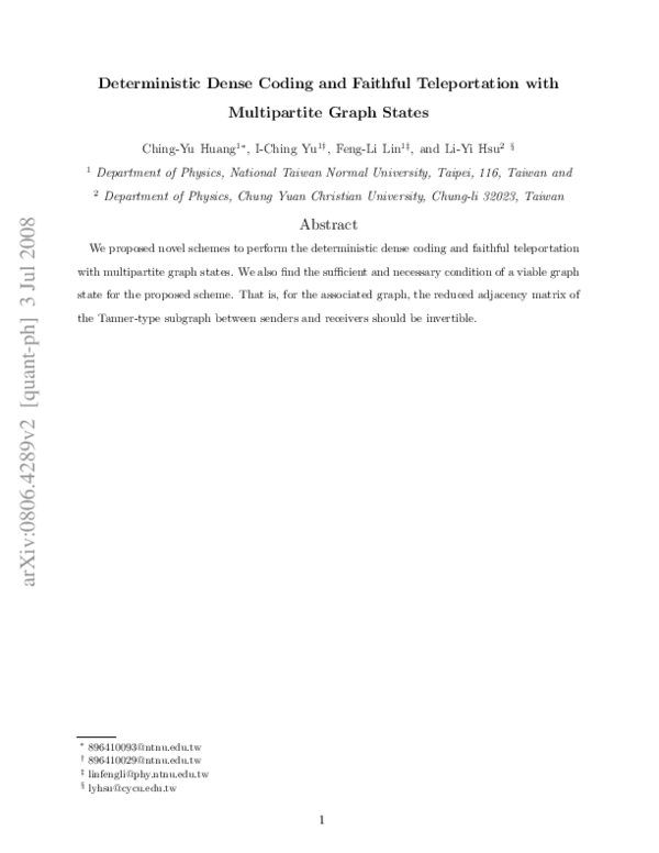 Pdf Deterministic Dense Coding And Faithful Teleportation With Multipartite Graph States Li