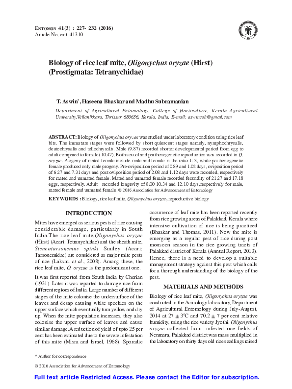 (PDF) Biology of rice leaf mite, Oligonychus oryzae (Hirst ...