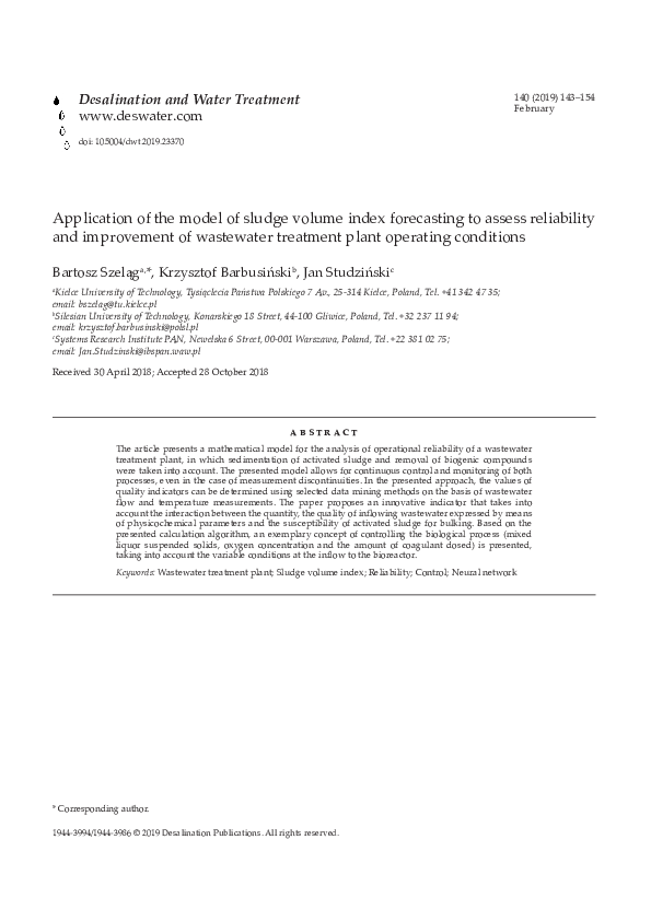(PDF) Application of the model of sludge volume index forecasting to ...