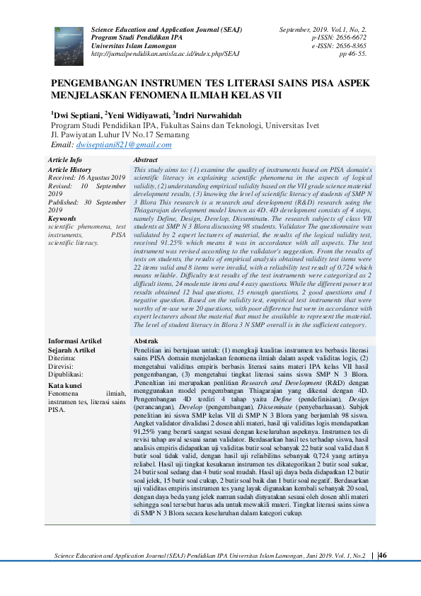 (PDF) Pengembangan Instrumen Tes Literasi Sains Berbasis Pisa Pada ...