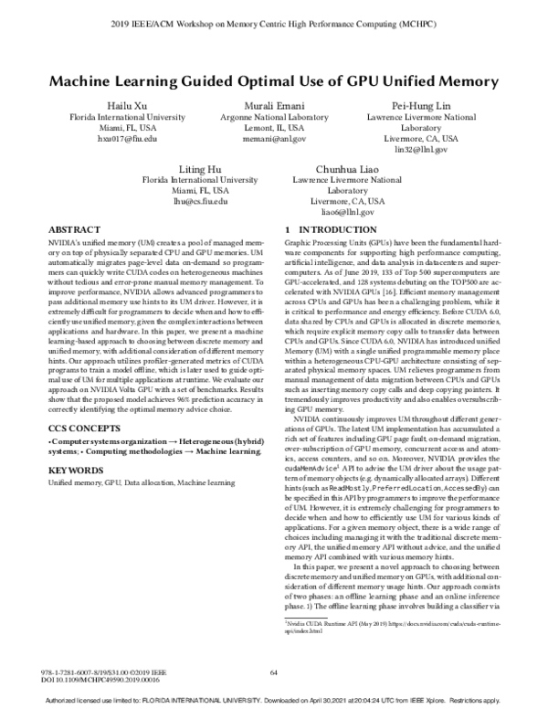 (PDF) Machine Learning Guided Optimal Use of GPU Unified Memory