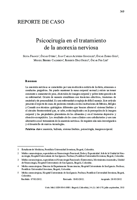 Pdf Psicocirugía En El Tratamiento De La Anorexia Nerviosa