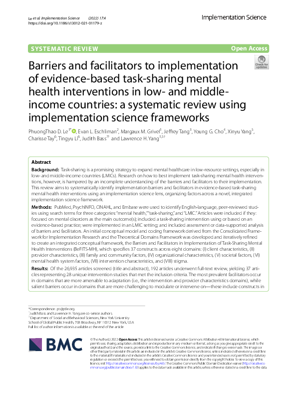 (PDF) Barriers and facilitators to implementation of evidence-based task-sharing mental health ...
