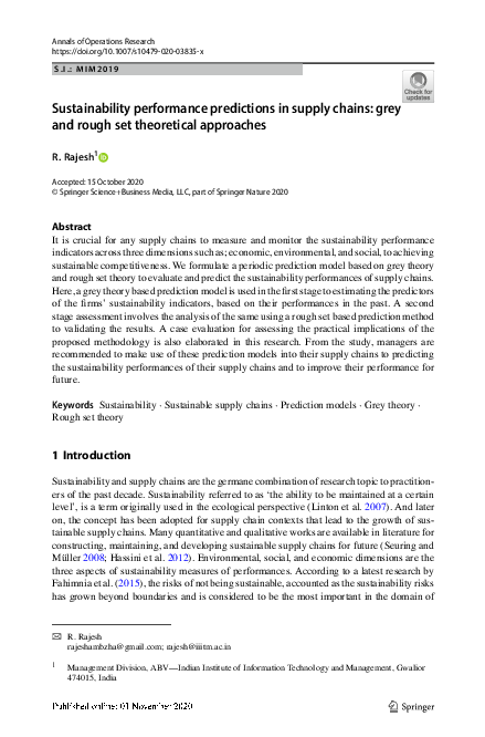(PDF) Sustainability performance predictions in supply chains: grey and rough set theoretical ...