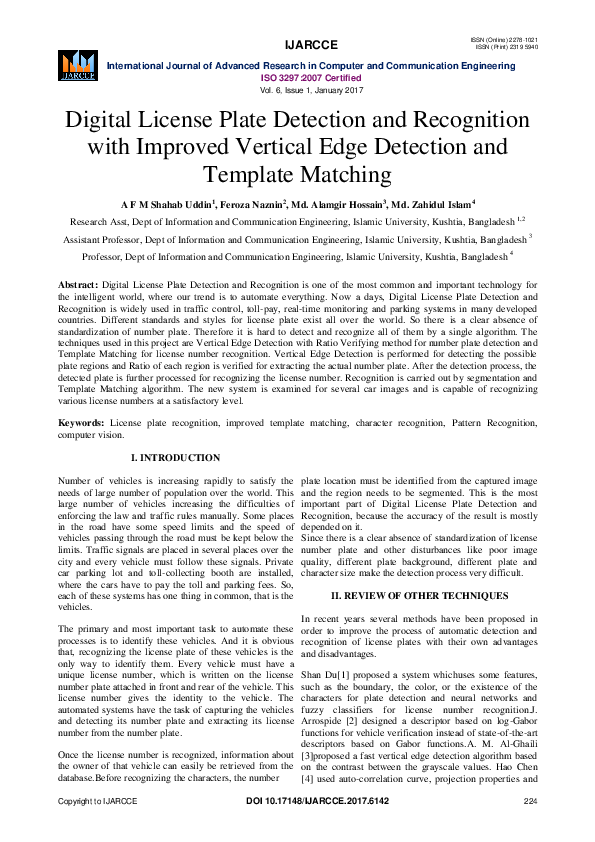 Pdf Digital License Plate Detection And Recognition With Improved Vertical Edge Detection And