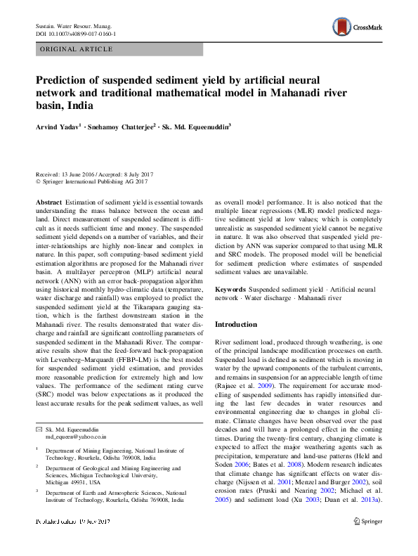 (PDF) Prediction of suspended sediment yield by artificial neural network and traditional ...