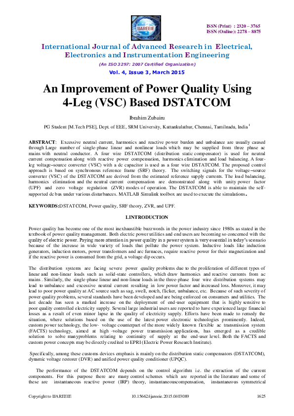 Pdf An Improvement Of Power Quality Using 4 Leg Vsc Based Dstatcom